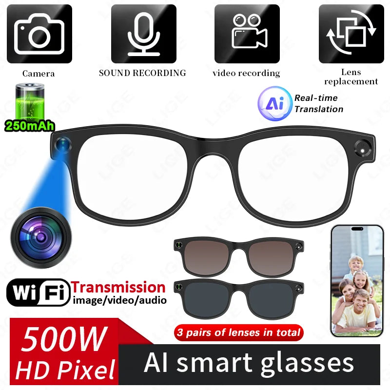 LIGE 500W Camera Smart Bluetooth Glasses Recording Videos AI Photo Rec ...